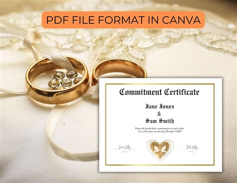 Commitment Vow Certificate Gold Heart And Dove Design Editable And Custom Vow Renewal
