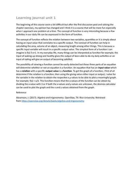 Learning Journal Algebra Unit 1 Learning Journal Unit 1 The Beginning