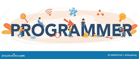 programmer typographic header idea of working on the computer stock