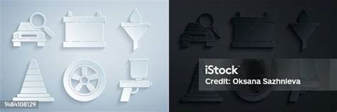 자동차 바퀴 깔때기 또는 필터 및 모터 오일 드롭 트래픽 콘 페인트 스프레이 건 배터리 및 검색 아이콘을 설정합니다 벡터 3차원