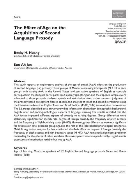 Pdf The Effect Of Age On The Acquisition Of Second Language Prosody