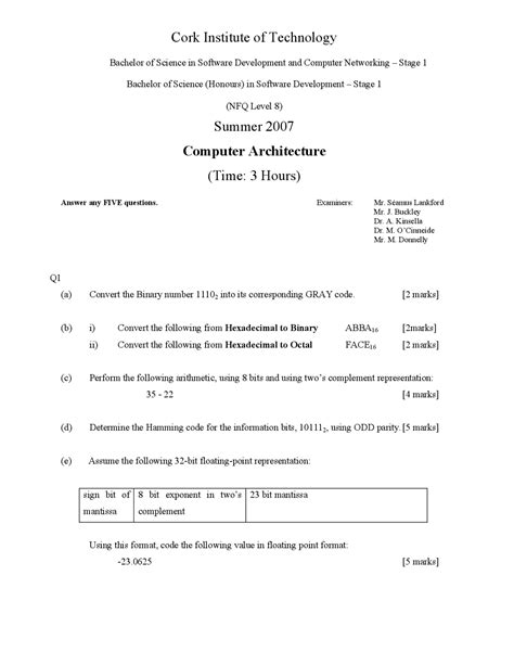 Hamming Code Computer Architecture Past Exam Exams Computer Architecture And Organization