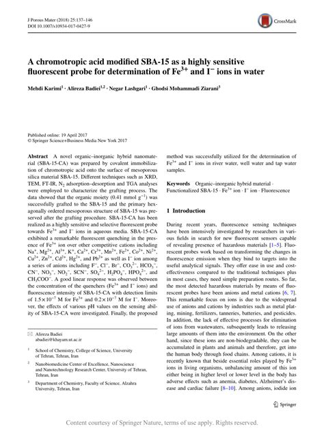 A Chromotropic Acid Modified Sba 15 As A Highly Sensitive Fluorescent Probe For Determination Of