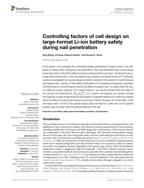 Pdf Controlling Factors Of Cell Design On Large Format Li Ion Battery Safety During Nail
