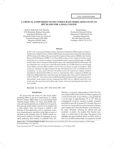 Pdf A Critical Comparison Of Dns Versus Rans Model Results On An Hpt Blade For A Small Engine