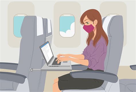 얼굴 마스크를 착용 하는 비행기로 여행 하는 백인 비즈니스 여자 30 34세에 대한 스톡 벡터 아트 및 기타 이미지 30