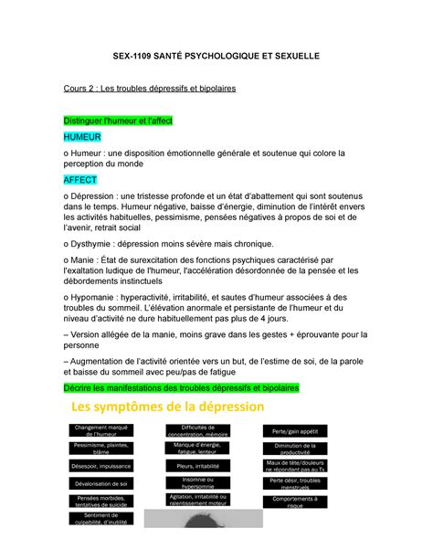 Sex cours SEX SANTÉ PSYCHOLOGIQUE ET SEXUELLE Cours Les troubles dépressifs et