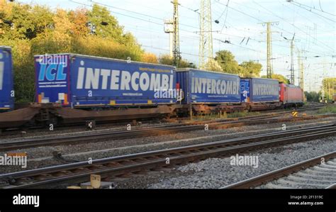 Lorry Trailers Being Transported On Railway Goods Wagons Cologne
