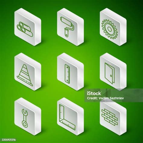 라인 설정 벽돌 코너 눈금자 산업 금속 파이프 눈금자 트래픽 콘 페인트 롤러 브러시 렌치 스패너 및 닫힌 문 아이콘 벡터 3차원 형태에 대한 스톡 벡터 아트 및 기타 이미지