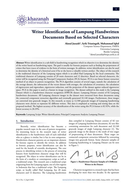 Pdf Writer Identification Of Lampung Handwritten Documents Based On Selected Characters