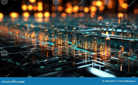 Computer Futuristic High Tech Circuit Board And Electronic Chips With Transistors And Resistors