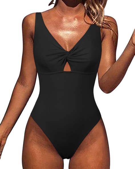 Firpearl Black Low Back One Piece Swimsuits For Women Cut Out Bathing