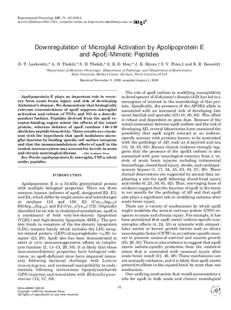 Pdf Downregulation Of Microglial Activation By Apolipoprotein E And Apoe Mimetic Peptides