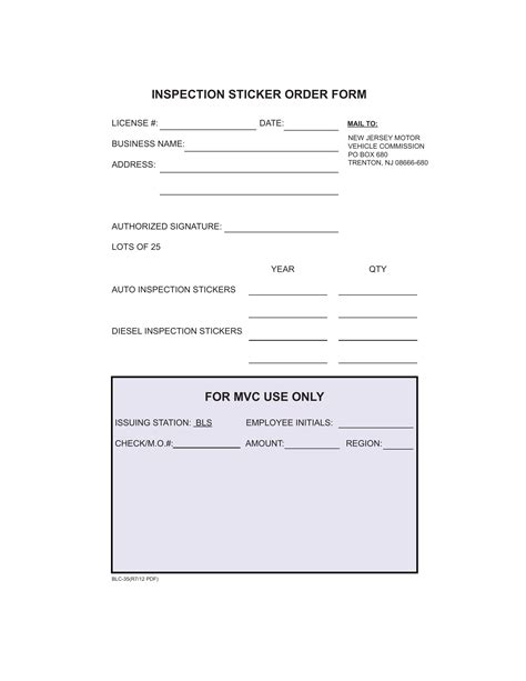 NJ MVC Form BLC 35 Inspection Sticker Order Form Forms Docs 2023