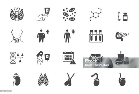내분비학 플랫 아이콘 벡터 일러스트 레이 션에는 갑상선 인슐린 주사기 부신 글루코 미터 당뇨병에 대한 저역 성 글리프 실루엣