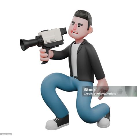 크리 에이 티브 3d 만화 디자인 스타일의 카메라맨 아트워크 한 남성 카메라맨이 오른손으로 필름 카메라를 들고 오른쪽을 향해 웅크리고 걷고 있다 그림 3차원 형태에 대한