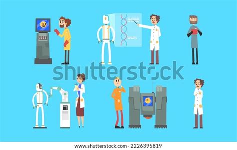 Engineers Creating Programming Robots Set Scientists Stock Vector