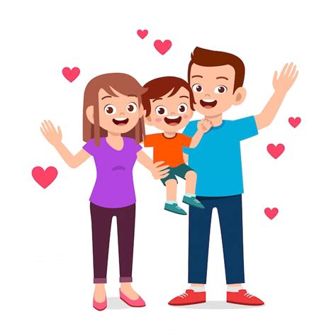 Niño Feliz Niño Lindo Con Mamá Y Papá Vector Premium