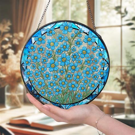 Handcrafted Forget Me Not Glass Suncatcher Floral Blue Window Art For Remembrance Perfect T