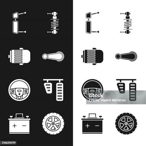 자동차 도어 핸들 전기 엔진 트럭 사이드 미러 쇼크 업소버 스티어링 휠 가스 브레이크 페달 및 배터리 아이콘을 설정합니다 벡터 쇼크에 대한 스톡 벡터 아트 및 기타 이미지