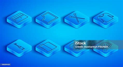 세트 라인 테이프 측정 바느질 패턴 뜨개질 바늘 섬유 직물 롤 버튼 스웨터 Awl 도구 및 아이콘 벡터 3차원 형태에 대한 스톡 벡터 아트 및 기타 이미지 Istock