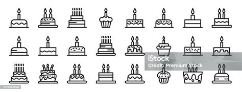 생일 케이크 생일 케이크 컵 케이크와 같은 24 개요 웹 생일 케이크 아이콘 보고서 프리젠 테이션 다이어그램 웹 디자인 모바일 앱을위한 벡터 아이콘 세트 생일에 대한 스톡