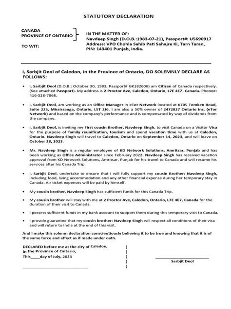 Statutory Declaration Invitation Letter Pdf Travel Visa