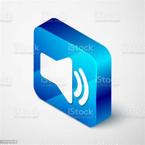 아이소메트릭 스피커 볼륨 아이콘오디오 음성 사운드 기호 미디어 음악 아이콘 흰색 배경에 고립 파란색 사각형 버튼을 클릭 합니다