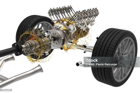 흰색 배경에 오일 엔진 및 변속기 부품과 자동차 섀시 3d 일러스트레이션 차에 대한 스톡 사진 및 기타 이미지 차 엔진 오일 구동축 Istock