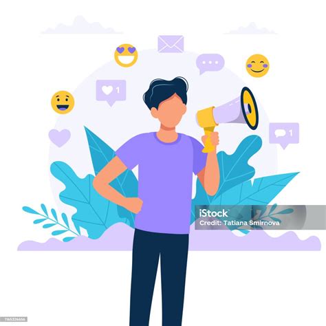 메가폰을 가진 남자 친구 프로모션 광고 발표 개념 일러스트를 참조하십시오 플랫 스타일의 벡터 그림입니다 개념에 대한 스톡 벡터 아트 및 기타 이미지 Istock