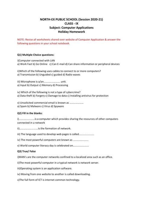 Summer Vacation Holiday Homework For Class 9