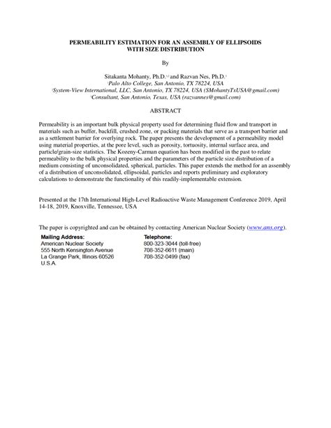 Pdf Permeability Estimation For An Assembly Of Ellipsoids With Size Distribution