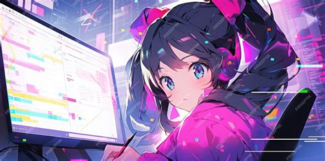 Premium Photo Anime Girl Character Engaged In Coding A Digital
