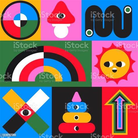 간단한 기하학적 미니멀 한 추상적 인 모양과 그림과 원활한 패턴 상보적인 밝은 색상과 검은 색의 모자이크 텍스처 현대적인 트렌디한 바우하우스와 체코 스타일의 끝없는 프린트