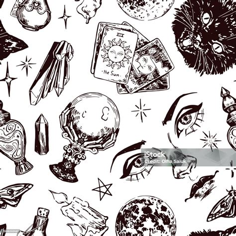 할로윈 요술 원활한 패턴 점쟁이 인벤토리 마녀 속성 오컬트 아이템의 현실적인 스케치의 장식 복고풍 조각 스타일의 벡터 일러스트레이션 할로윈에 대한 스톡 벡터 아트 및 기타