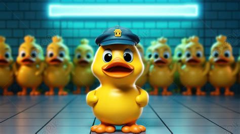 극단적인 클로즈업 3d 렌더링 귀여운 노란색 만화 오리 마스코트가 배경을 갖춘 경찰 머그샷을 위해 사랑스러운 포즈를 취합니다