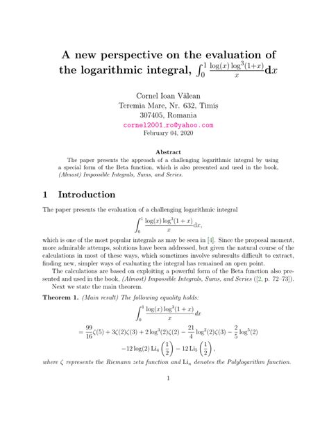 Pdf A New Perspective On The Evaluation Of The Logarithmic Integral