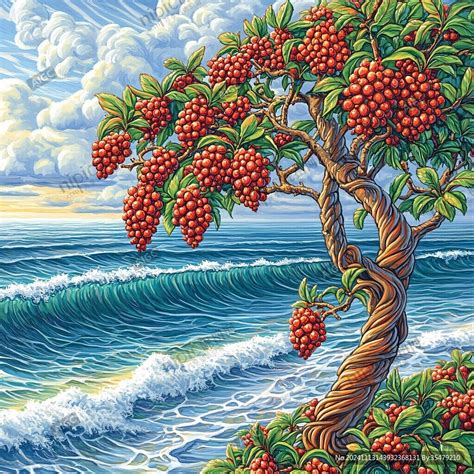 Ai创作图手绘荔枝树 自然装饰画大海素材 硕果累累荔枝树 手绘海浪旭日东升 原创荔枝挂画 荔枝果树缩小版 海浪花鸟 工笔手绘海浪装饰画 鸿运当头装饰画 精细工笔海景画 手绘餐饮海画 海边植物
