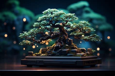 Premium Ai Image Bonsai Tree On Table With Lights In The Background Generative Ai