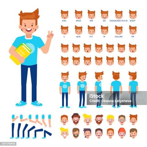 เด็กชายนักเรียนที่สร้างหนังสือชุดที่มีมุมมองต่างๆทรงผมลิปซิงค์อารมณ์ท่าทางและท่าทางต่ ภาพประกอบ