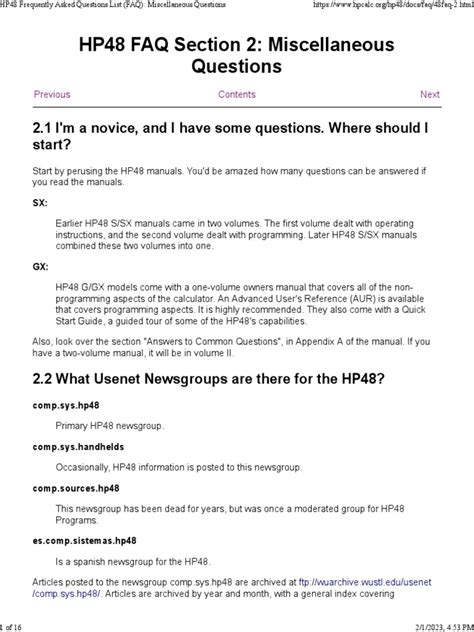 Hp48 Frequently Asked Questions List Faq Miscellaneous Questions Pdf Calculator Matrix