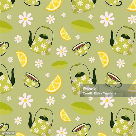 귀여운 요소가 있는 완벽한 패턴 찻주전자 찻잔 민트 레몬 카모마일 세라믹 식기를 사용한 벡터 일러스트 레이 션 0명에 대한 스톡 벡터 아트 및 기타 이미지 Istock