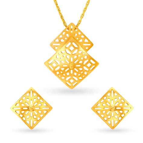 Geometeic Mesh Gold Pendant And Earrings Set