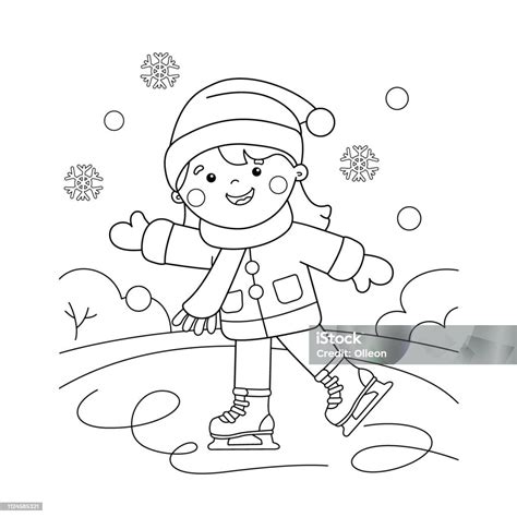 โครงร่างหน้าระบายสีของการ์ตูนสาวสเก็ต กีฬาฤดูหนาว สมุดระบายสีสําหรับเด็ก ภาพประกอบสต็อก ดาวน์