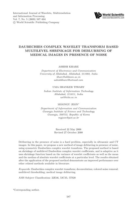 Pdf Daubechies Complex Wavelet Transform Based Multilevel Shrinkage For Deblurring Of Medical