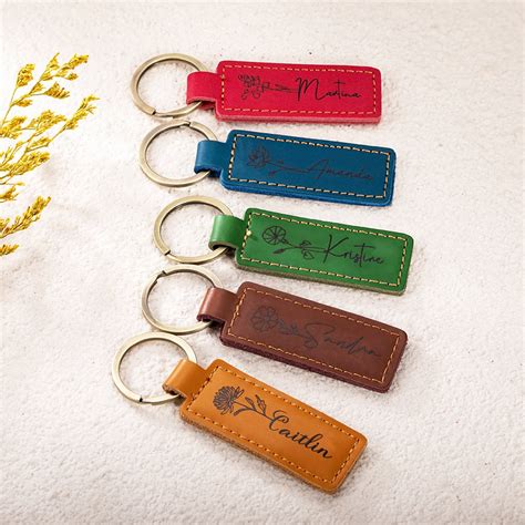 Personalized Name Birth Flower Keychain Custom Leather Keychain Best Friend Ts Bridesmaid