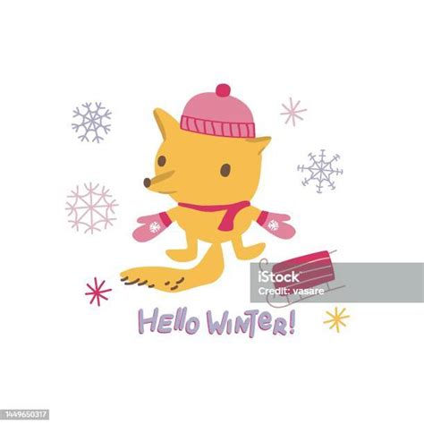 손으로 그린 글자를 가진 귀여운 여우 안녕하세요 겨울입니다 낙서 카와이 스타일 그림입니다 0명에 대한 스톡 벡터 아트 및 기타