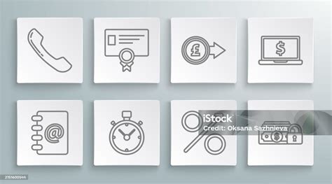 회선 주소록 인증서 템플릿 스톱워치 백분율 위쪽 화살표 자물쇠가 있는 돈 동전 돈 파운드 스털링 기호 노트북 달러 및 전화 핸드셋 아이콘을 설정합니다 벡터 0명에 대한 스톡