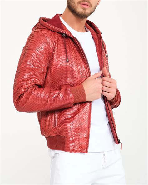Men Red Python Leather Hoodie Jacket Leather Guys