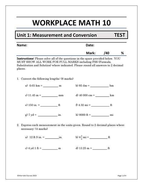 Wpm10 Unit 1 Test Workplace Math 10 Test Workplace Math 1 0 Unit 1 Measurement And